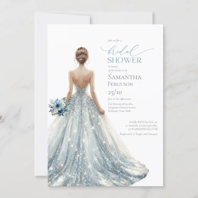 Elegant classic blue sparkles wedding gown floral invitation | Zazzle