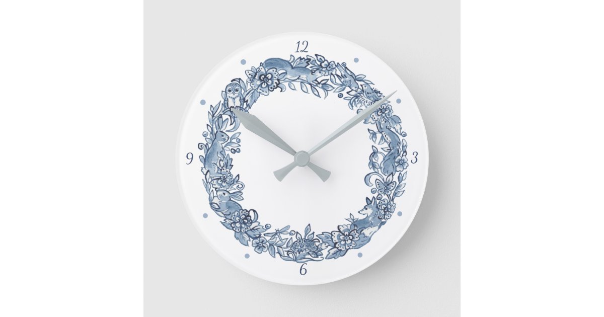 Elegant Classic Blue & White Animal Wreath Delft Round Clock | Zazzle