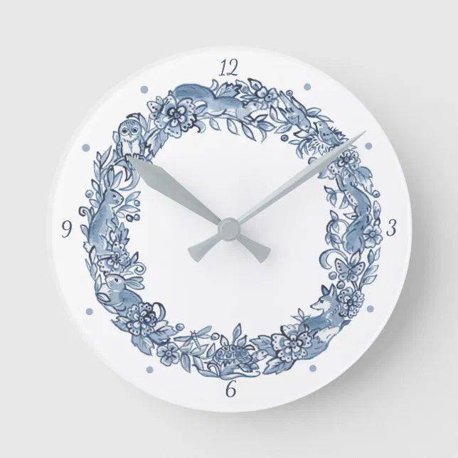 Elegant Classic Blue & White Animal Wreath Delft Round Clock | Zazzle