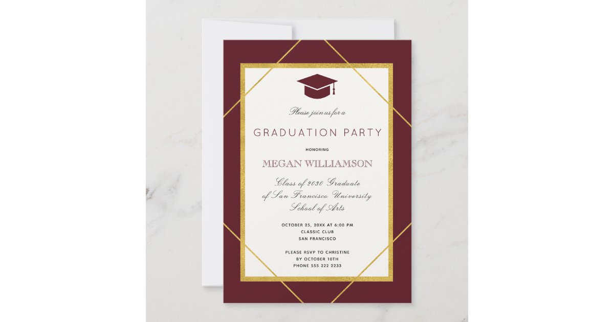 Elegant classic burgundy gold graduation party invitation | Zazzle
