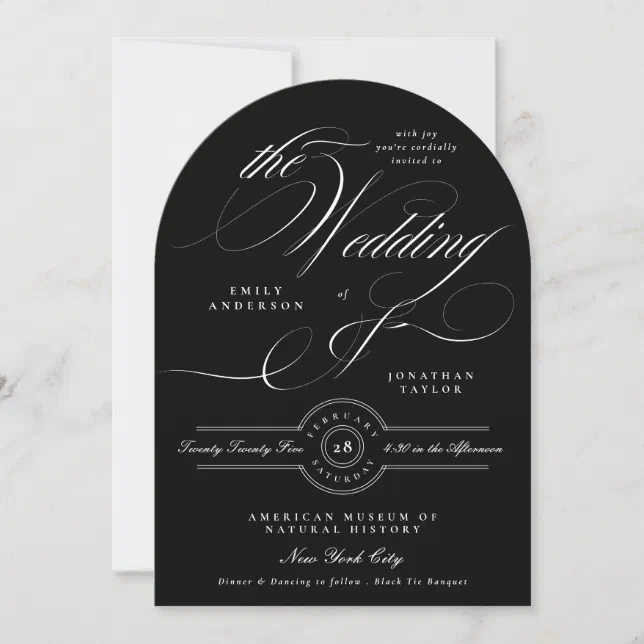 Elegant Classic Calligraphy Black Tie Wedding Arch Invitation | Zazzle