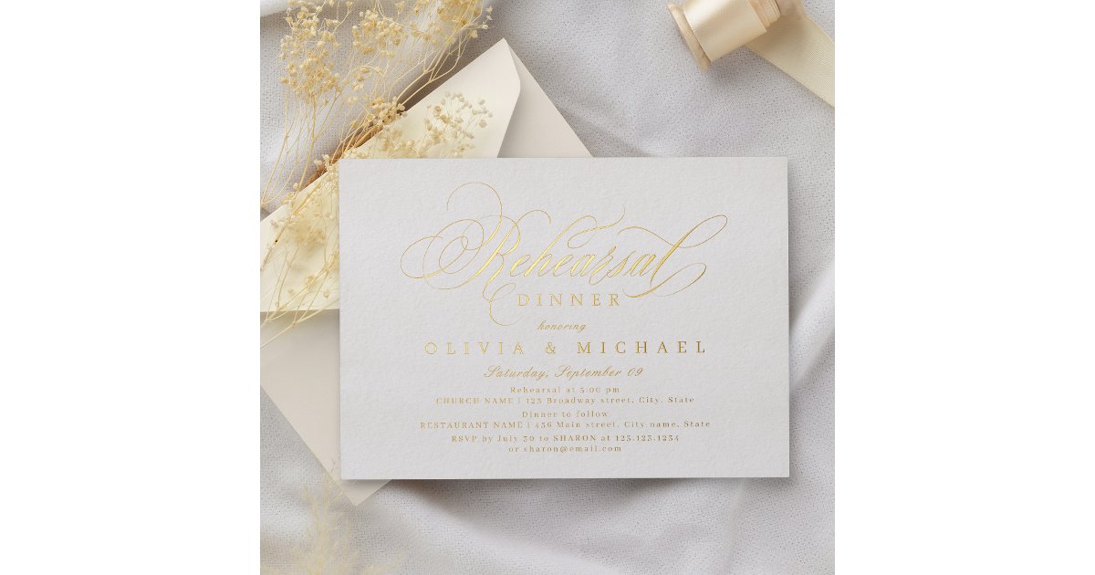 Elegant classic calligraphy rehearsal dinner foil invitation | Zazzle