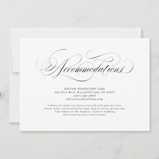 Elegant classic calligraphy wedding accommodations invitation | Zazzle