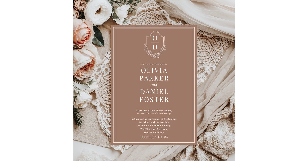 Elegant Classic Crest Mocha Brown Wedding Invitation | Zazzle