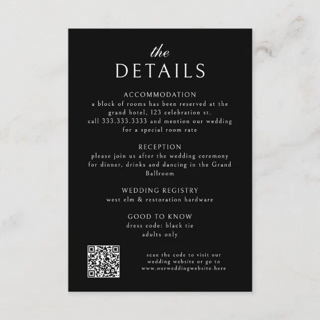 Elegant Classic Formal Black QR Code Wedding Enclosure Card | Zazzle