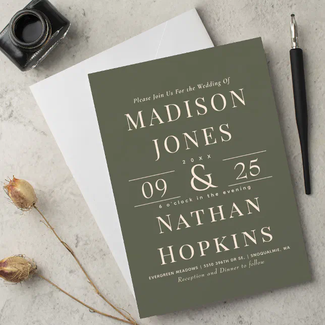 Elegant Classic Modern Olive Green Wedding Invitation | Zazzle