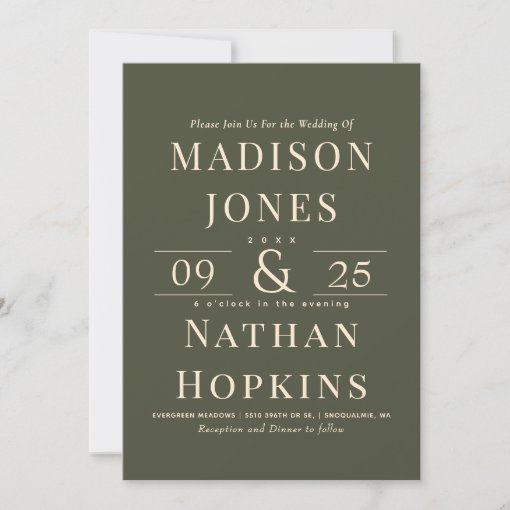 Elegant Classic Modern Olive Green Wedding Invitation | Zazzle