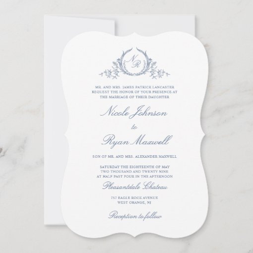Elegant Classic Monogram Dusty Blue Wedding Invitation | Zazzle