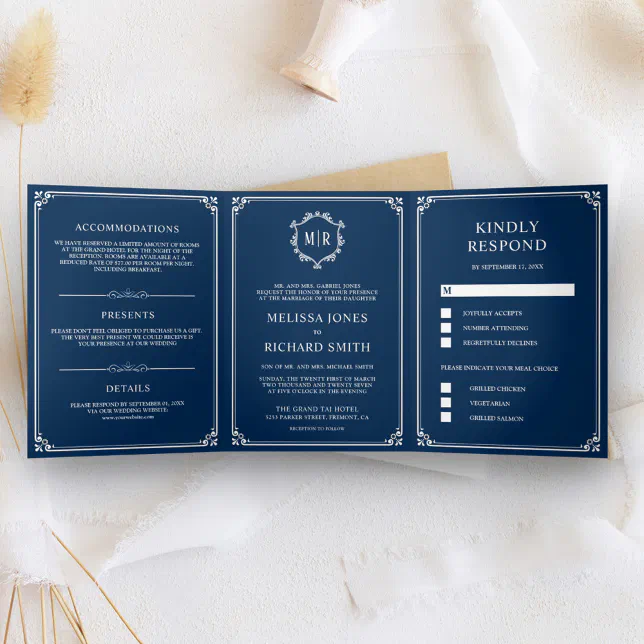 Elegant Classic Navy Blue Monogram Wedding Tri-Fold Invitation | Zazzle