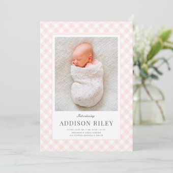 Elegant Classic Pink Gingham Baby Birth Announcement | Zazzle