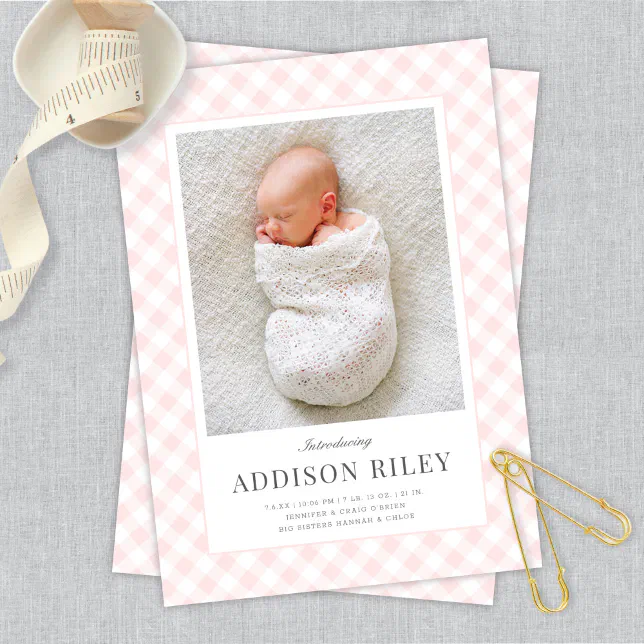 Elegant Classic Pink Gingham Baby Birth Announcement | Zazzle