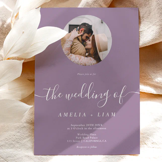 Elegant classic purple white photo script wedding invitation | Zazzle