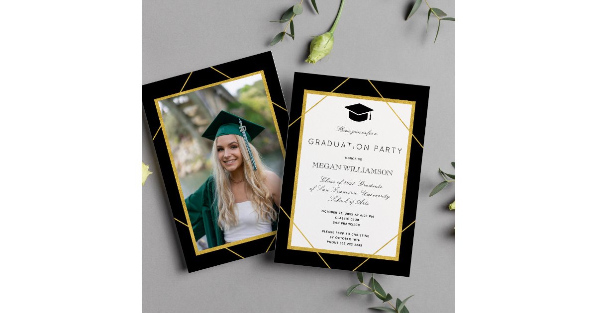 Elegant classic script gold black graduation party invitation | Zazzle