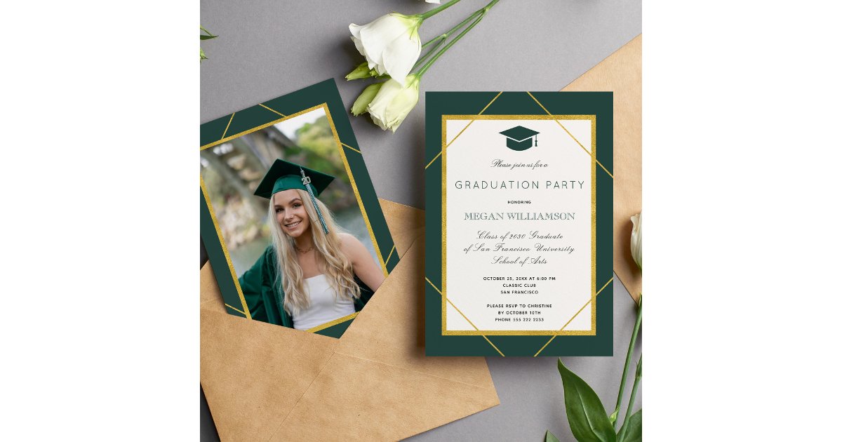 Elegant classic script gold green graduation party invitation | Zazzle