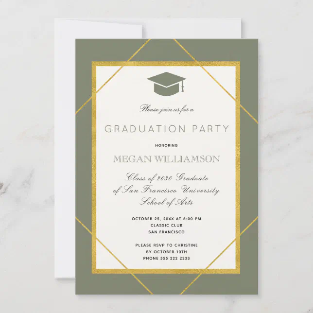 Elegant classic script gold sage graduation party invitation | Zazzle