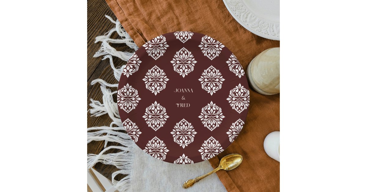 Elegant Classic Vintage Damask Burgundy Wedding Paper Plates | Zazzle