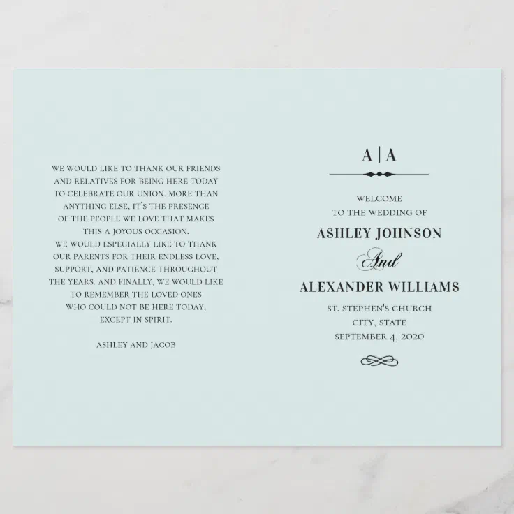 Elegant classic wedding. Blue program folded | Zazzle