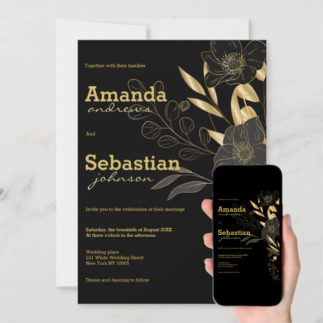 Elegant classy black gold floral luxury wedding invitation | Zazzle