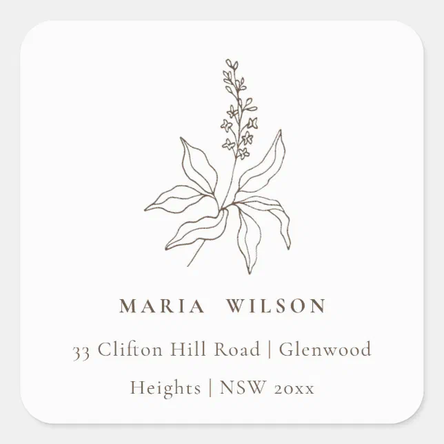 Elegant Classy Botanical Floral Sketch Address Square Sticker | Zazzle