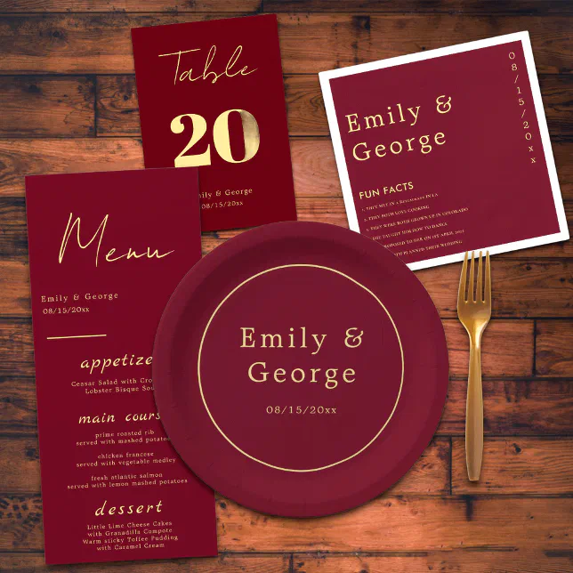 Elegant Classy Burgundy Gold Modern Chic Wedding Paper Plates | Zazzle