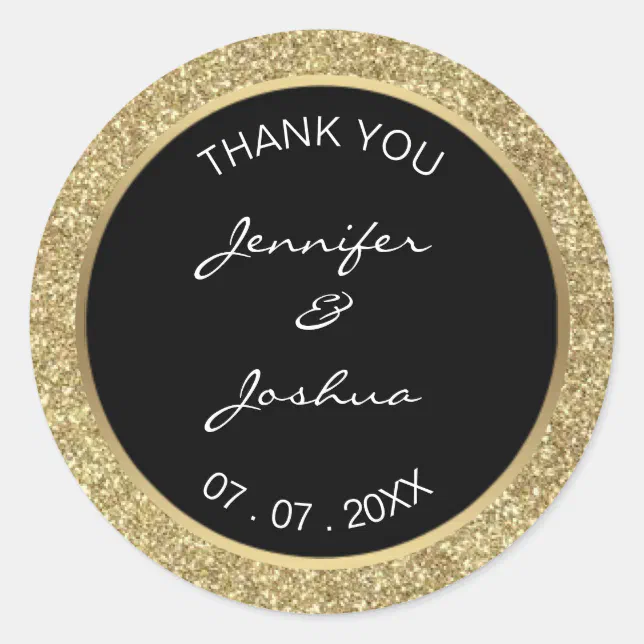 Elegant Classy Custom Black Gold Glitter Wedding Classic Round Sticker ...