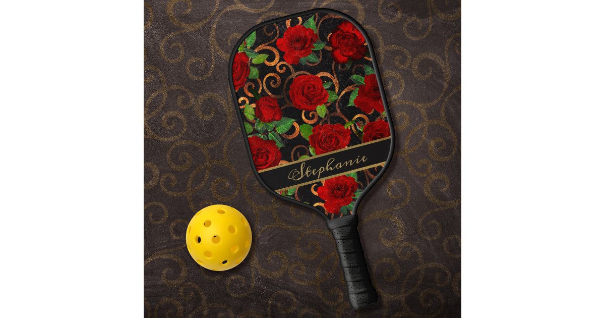 Elegant Classy Damask Vintage Red Rose Black Gold Pickleball Paddle ...