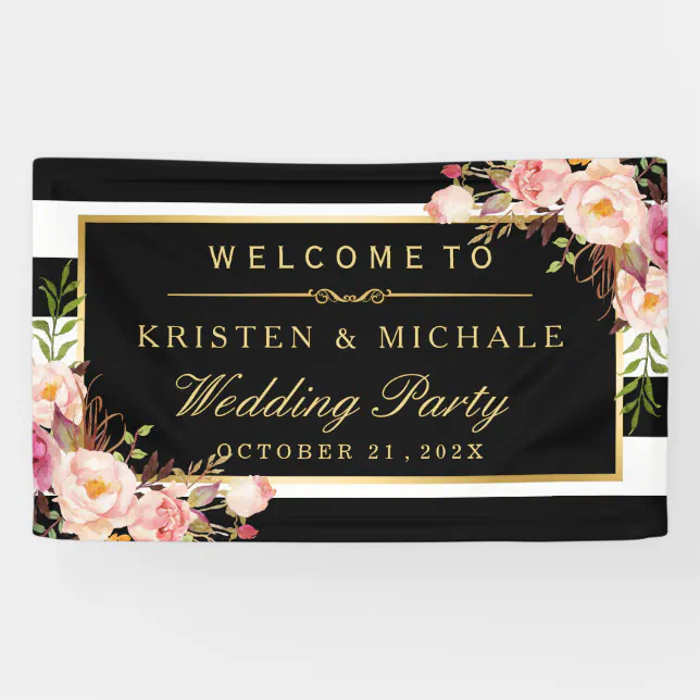 Elegant Classy Floral Black Stripes Wedding Party Banner | Zazzle