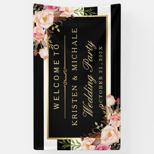 Elegant Classy Floral Black Stripes Wedding Party Banner | Zazzle