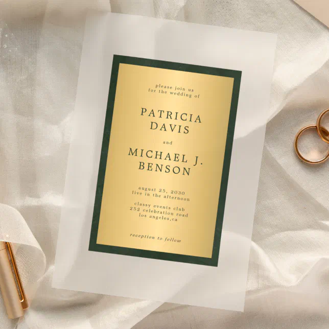 Elegant classy gold dark green frame wedding acrylic invitations | Zazzle