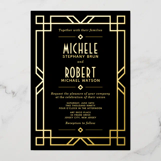 Elegant Classy Modern Art Deco Black Wedding Gold Foil Invitation | Zazzle