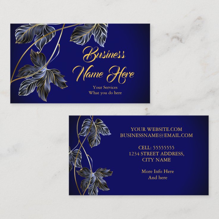Elegant Classy Navy Blue Gold Leaf Business Card | Zazzle