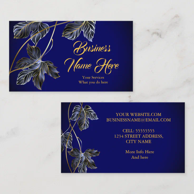 Elegant Classy Navy Blue Gold Leaf Business Card | Zazzle