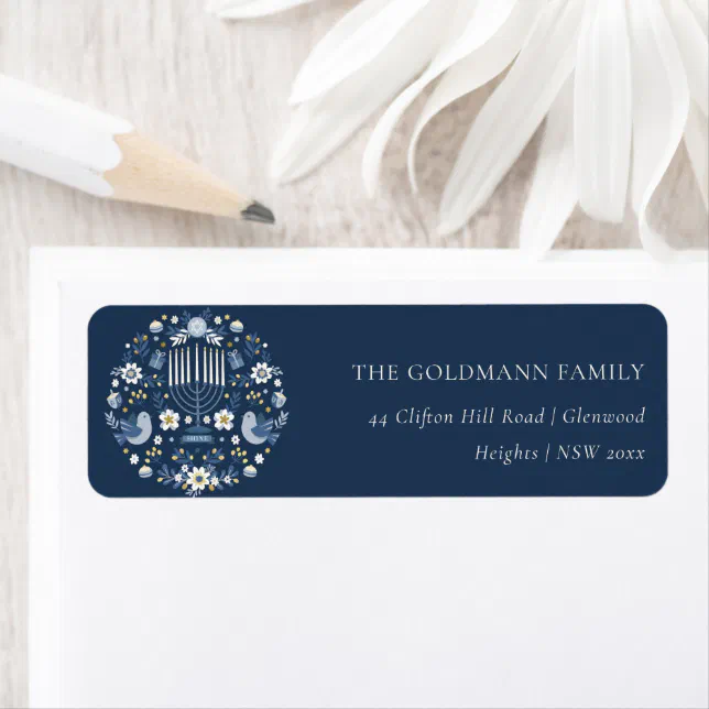 Elegant Classy Navy Blue Hanukkah Floral Address Label | Zazzle