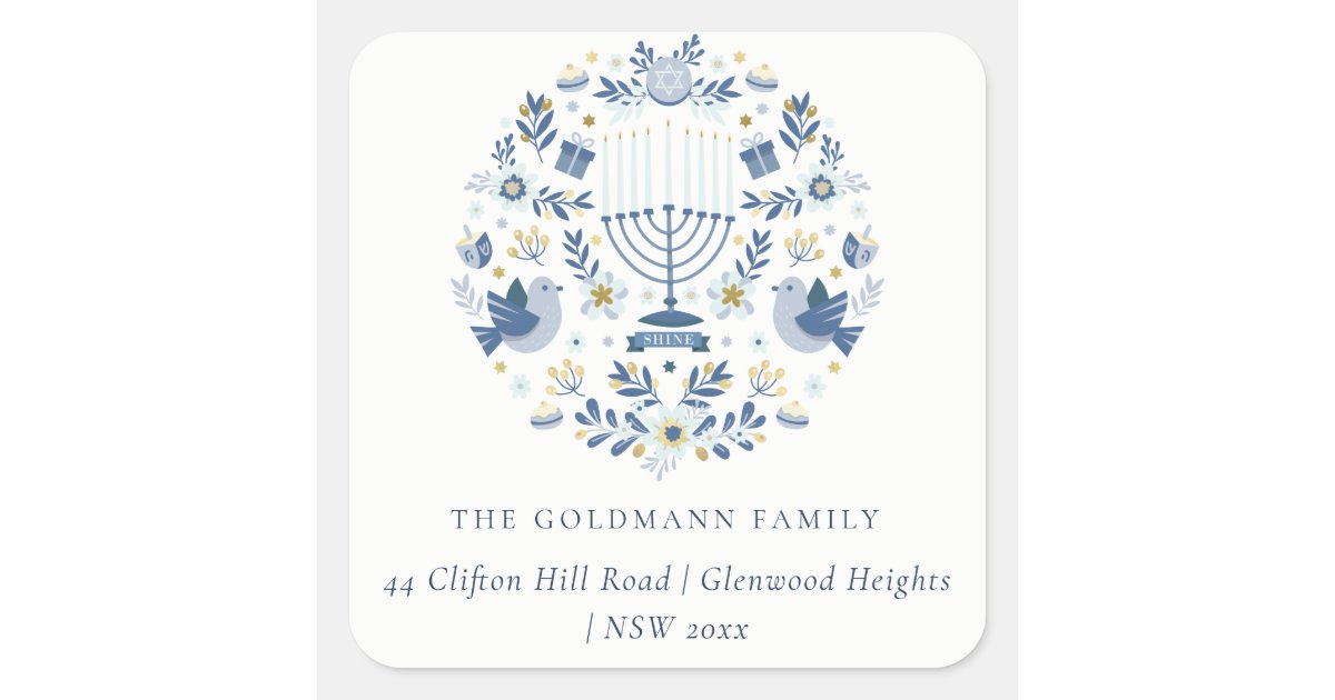 Elegant Classy Navy Blue Hanukkah Floral Address Square Sticker | Zazzle