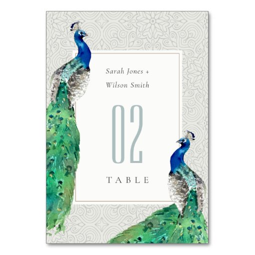 Elegant Classy Ornate Watercolor Peacock Wedding Table Number | Zazzle