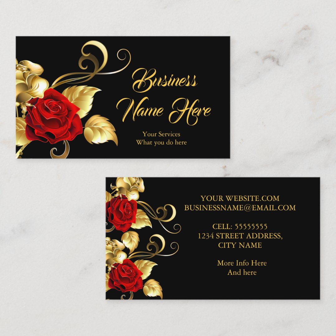 Elegant Classy Red Rose Black Gold Leaf Business Card | Zazzle