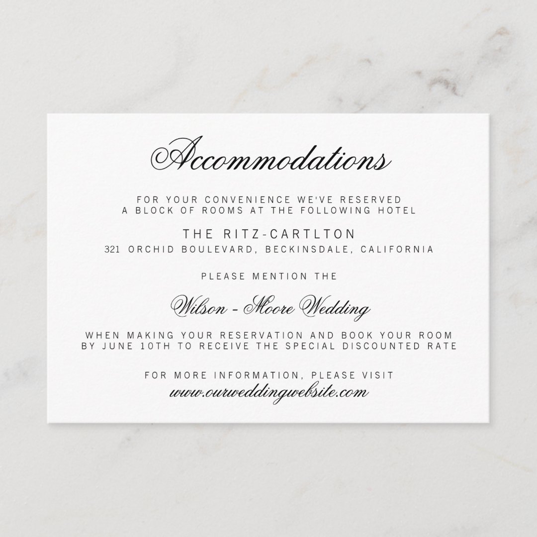 Elegant Classy Script Wedding Accommodations Card | Zazzle