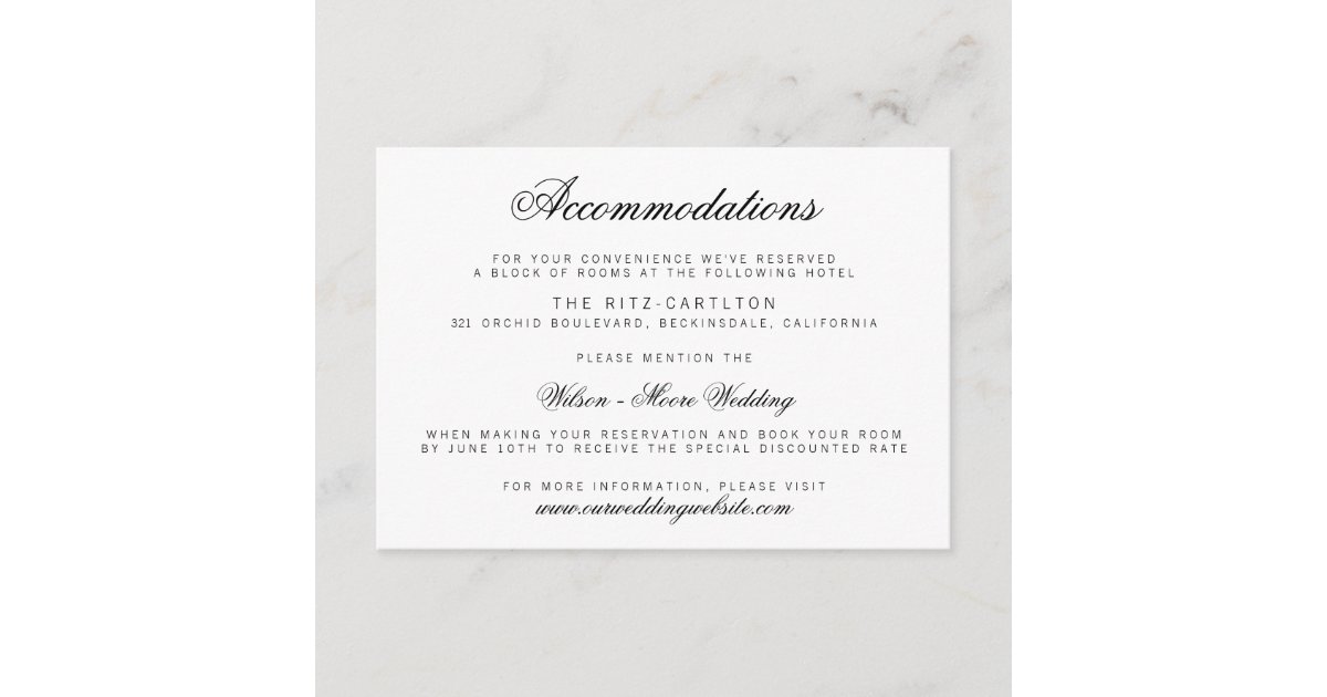 Elegant Classy Script Wedding Accommodations Card | Zazzle