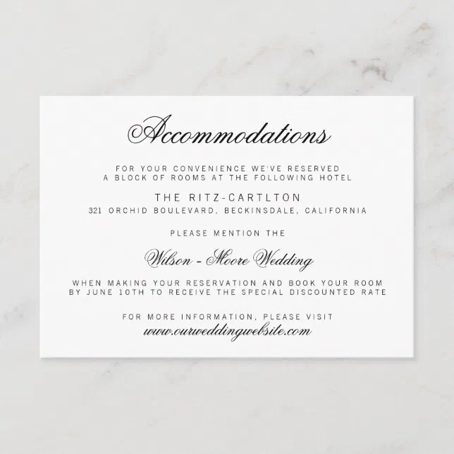Elegant Classy Script Wedding Accommodations Card | Zazzle