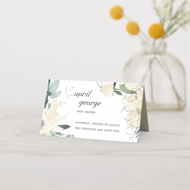 ELEGANT CLEAN IVORY WATERCOLOR FLORAL BABY SHOWER PLACE CARD | Zazzle