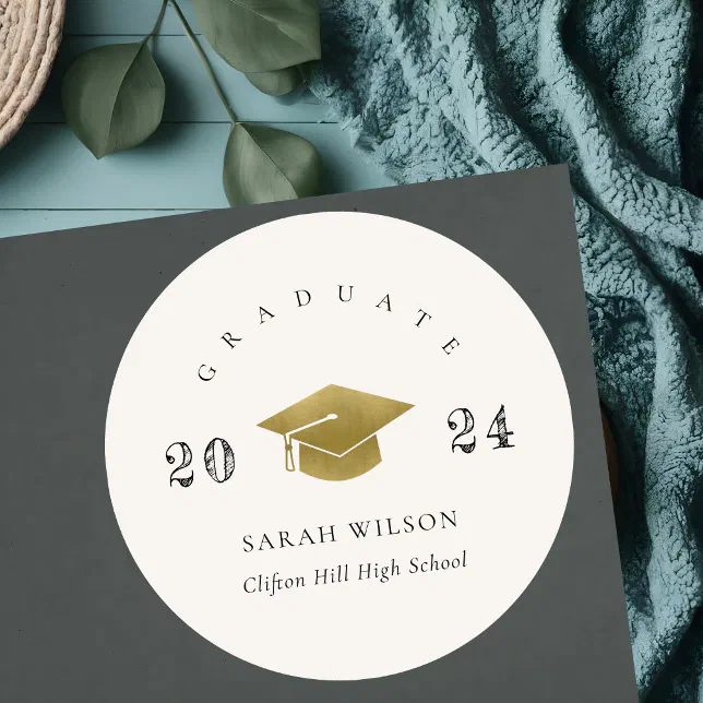 Elegant Clean Minimal Simple Graduation Gold Foil Classic Round Sticker ...