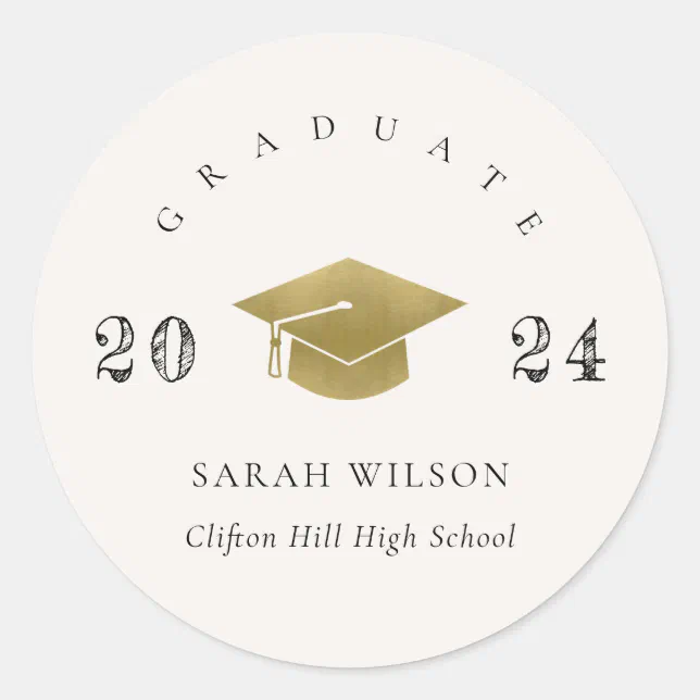 Elegant Clean Minimal Simple Graduation Gold Foil Classic Round Sticker ...