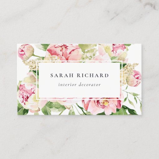 Elegant Clean Pink Green Watercolor Peony Floral Business Card | Zazzle