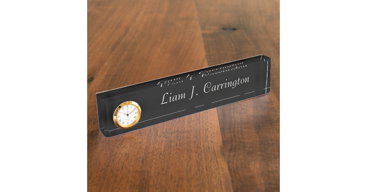 Elegant Clock Your Name Script Office Black Desk Name Plate | Zazzle