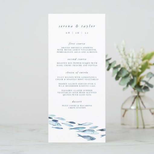 Elegant Coastal Blue Watercolor Fish Wedding Menu | Zazzle