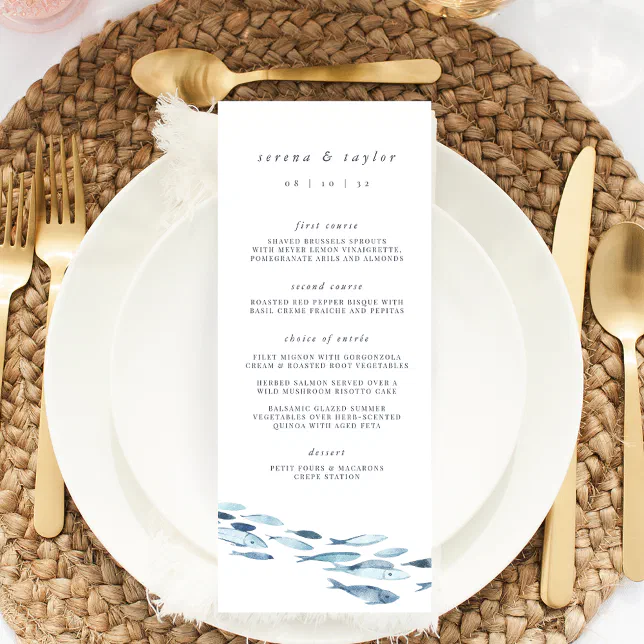 Elegant Coastal Blue Watercolor Fish Wedding Menu | Zazzle