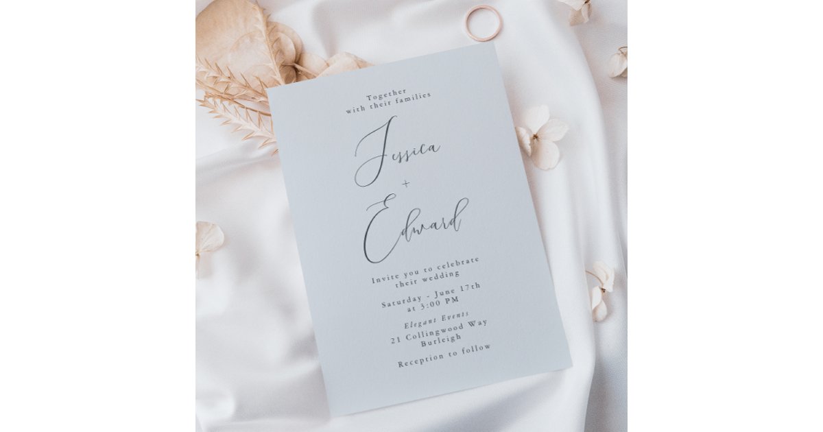Elegant Coastal Mist Blue Script Wedding Invitation | Zazzle