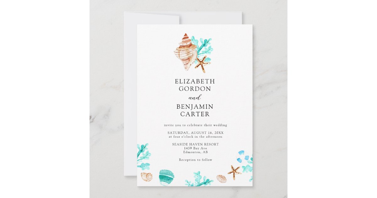 Elegant Coastal Seashell Watercolor Beach Wedding Invitation | Zazzle