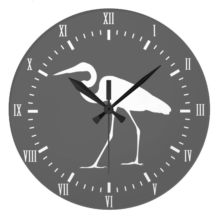Elegant Coastal White Egret Bird & Gray Large Clock | Zazzle.com
