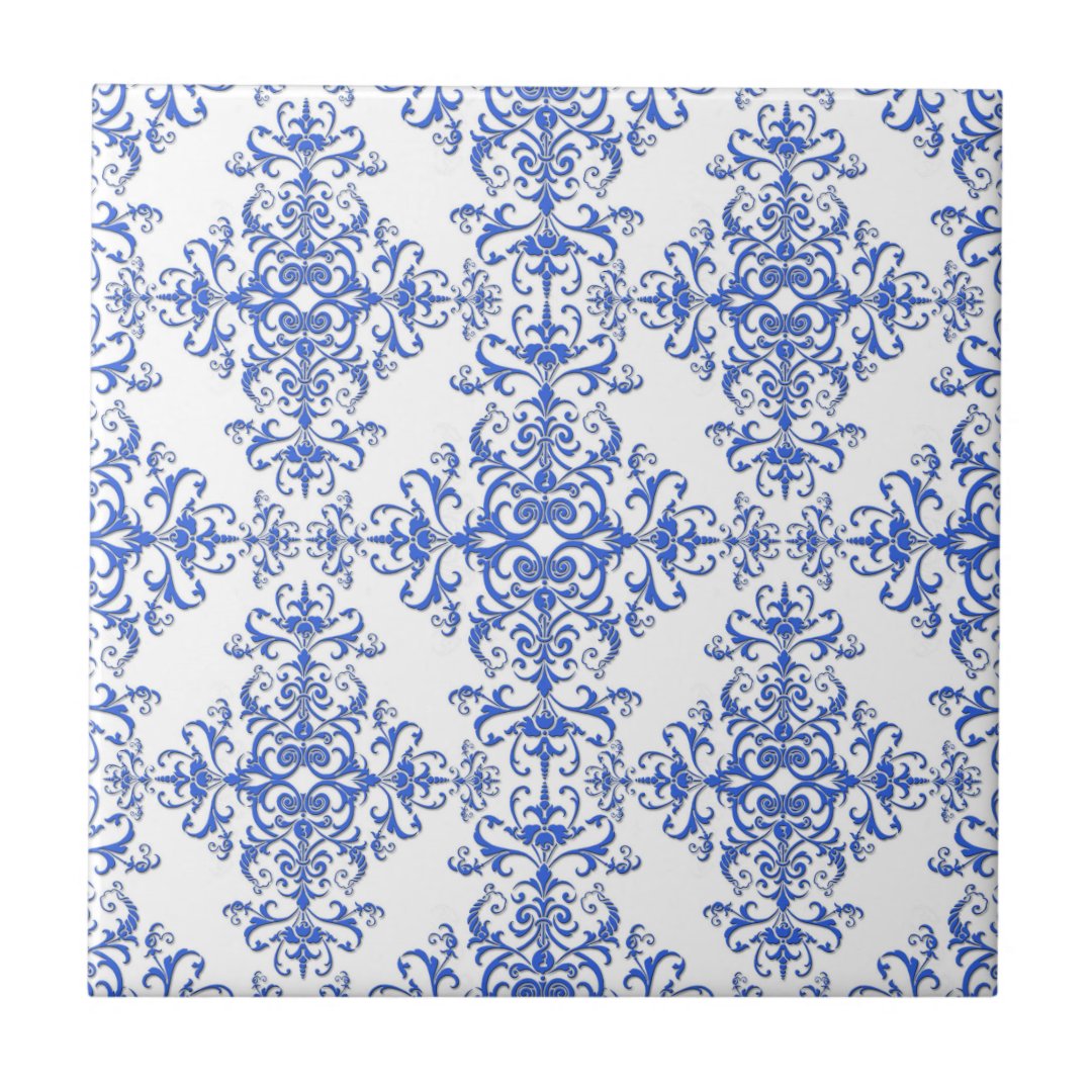 Elegant Cobalt Blue and White Floral Style Damask Ceramic Tile | Zazzle